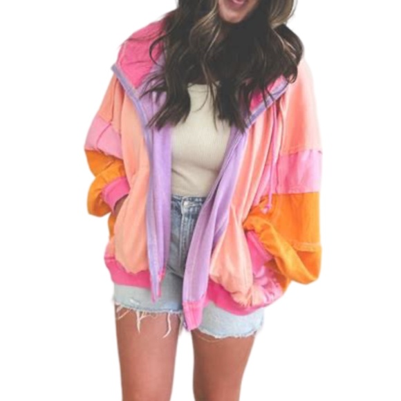 BiBi | Jackets & Coats | Bibi Oversized Colorblock Zip Up Hooded Jacket In Pink Orange Purple ...